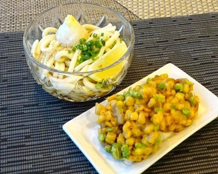 Recipes：Chilled Udon with Sauce × Corn and Pork Kakiage Tempura